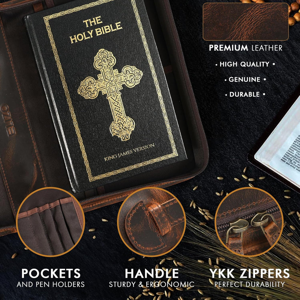 Study Leather Bible Case (Timber/Cross)